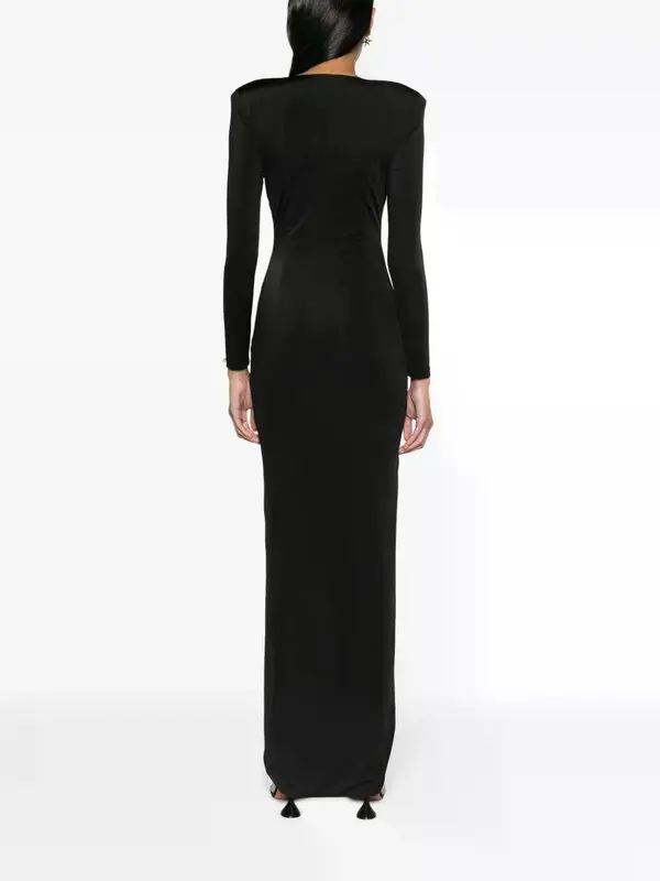 NISSA Floral Appliqué Ruched Maxi Dress - Black
