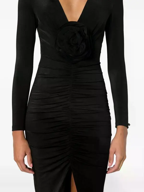NISSA Floral Appliqué Ruched Maxi Dress - Black