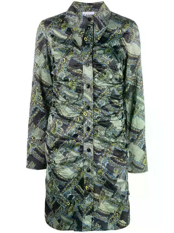 GANNI Paisley-print Button-up Mini Dress - Green