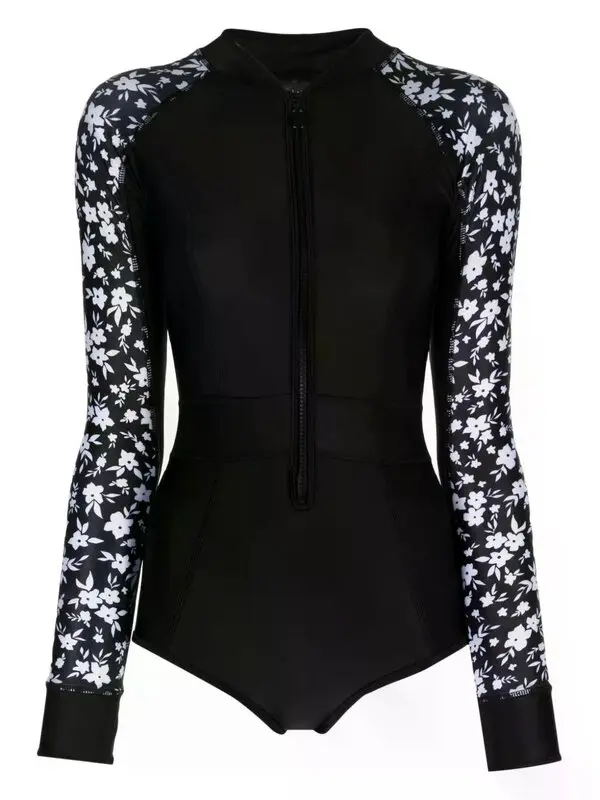 DUSKII Floral-print Zip-up Surf Suit - Black