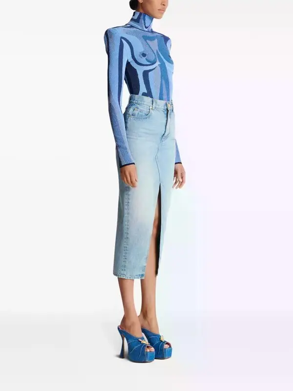 Balmain Washed Denim Midi Skirt