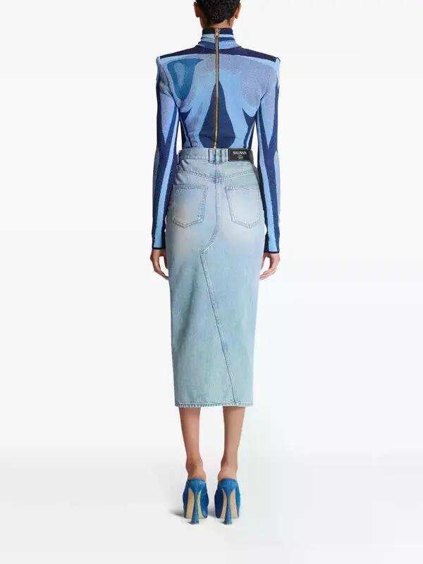Balmain Washed Denim Midi Skirt