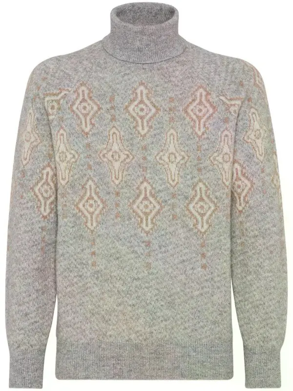 Brunello Cucinelli Patterned Intarsia Roll-neck Jumper - Grey