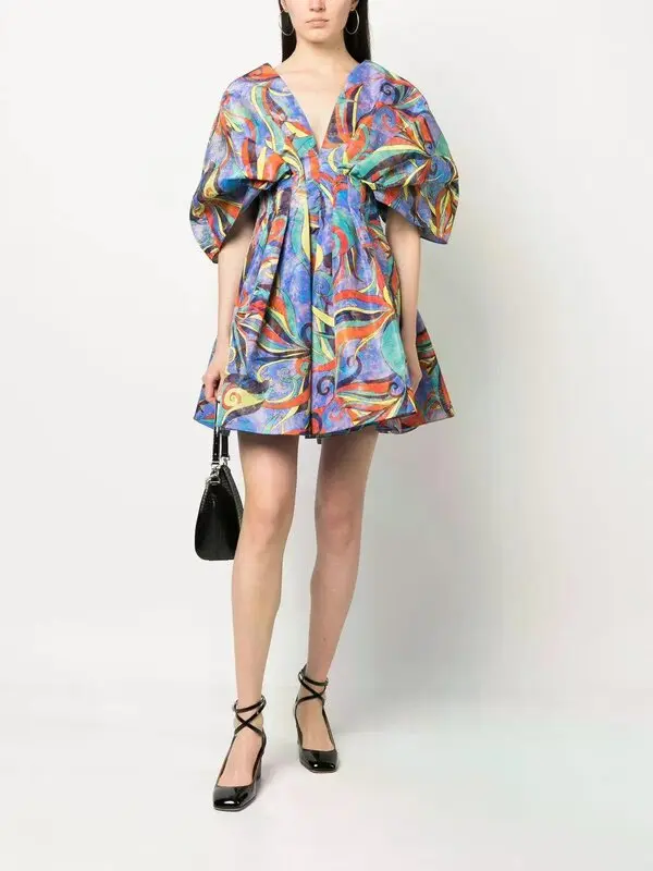 Rochas Pleated Graphic-print Mini Dress