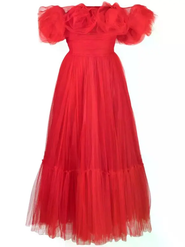 ANA RADU Floral-appliqué Tulle Midi Dress - Red