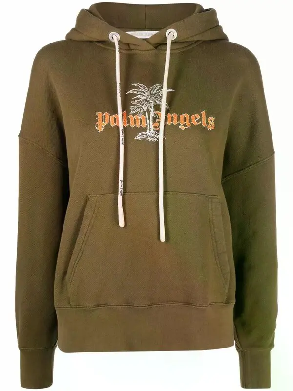Palm Angels Logo Print Cotton Hoodie - Green