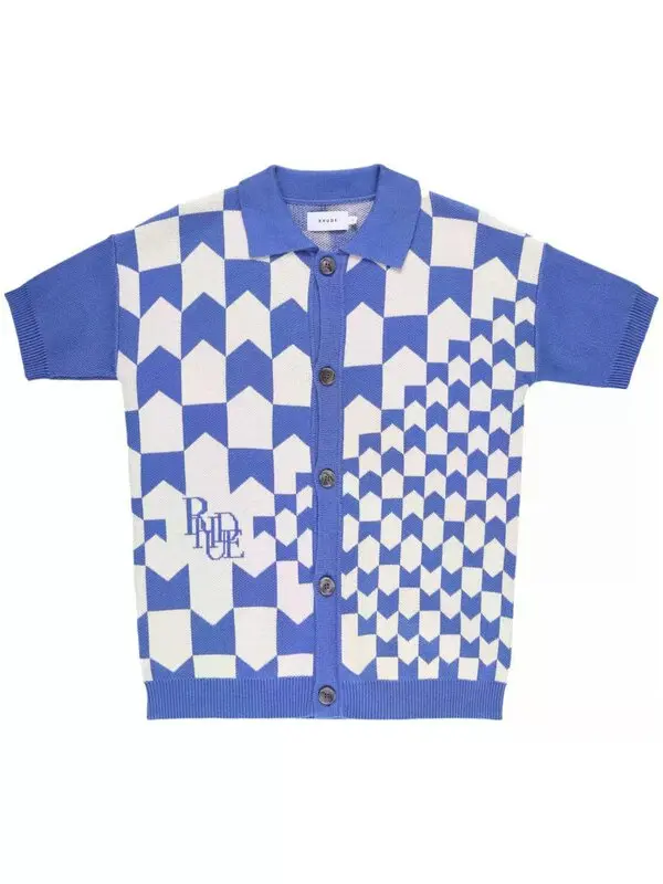 Rhude Racing Checkered Knitted Polo Shirt - Blue