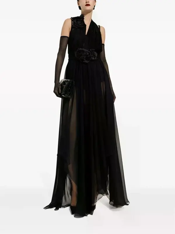 Dolce & Gabbana Floral Appliqué Pleated Silk Halterneck Gown - Black
