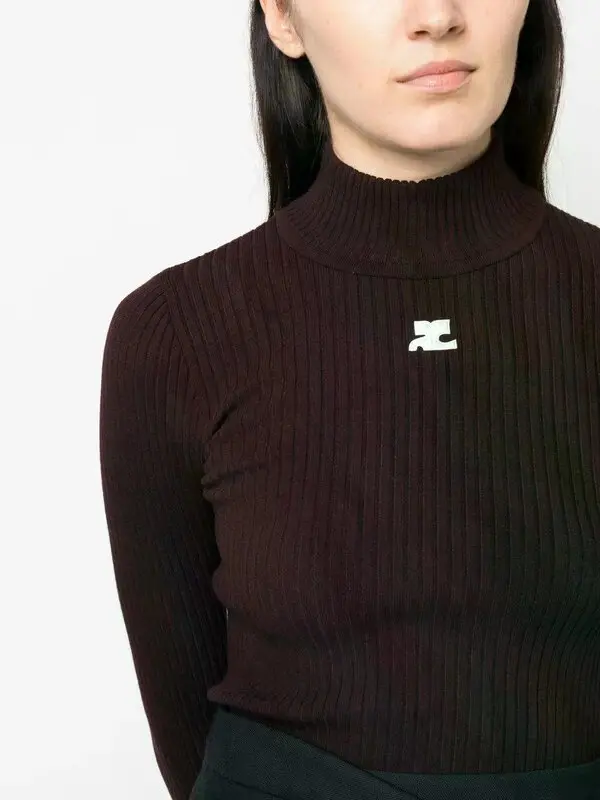 COURREGES Ribbed Knit Logo Patch Roll Neck Sweater - Brown