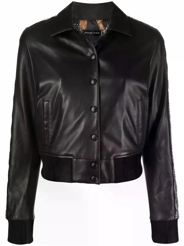 Philipp Plein Embellished Leather Bomber Jacket - Black