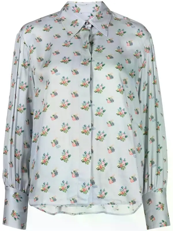 Maison Kitsuné Floral-print Twill Shirt - Blue