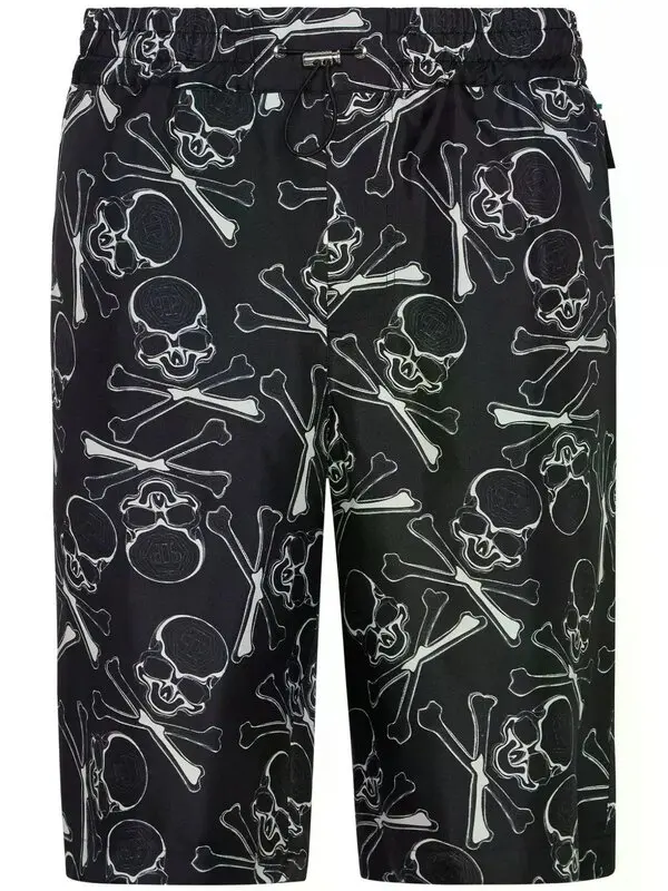 Philipp Plein Skull Print Silk Shorts - Black