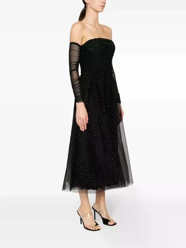 NISSA Rhinestone Embellished Off-shoulder Tulle Midi Dress
