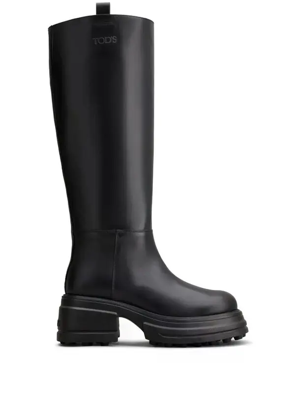 TOD'S Round Toe Knee-length Block Heel Leather Boots
