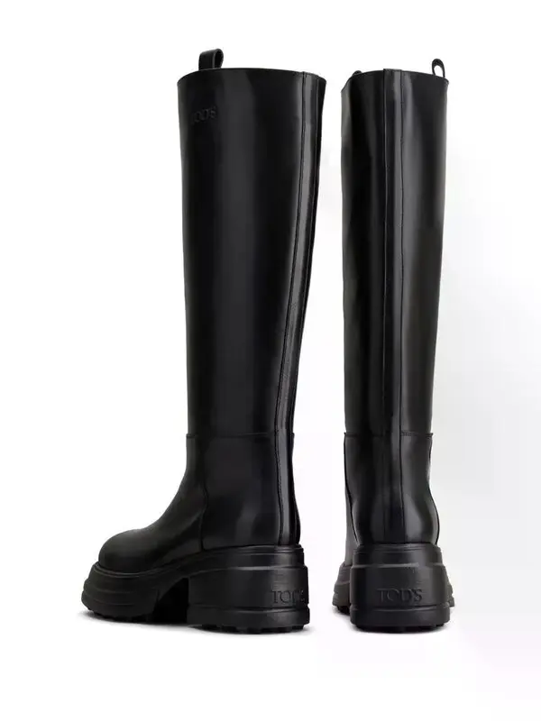 TOD'S Round Toe Knee-length Block Heel Leather Boots