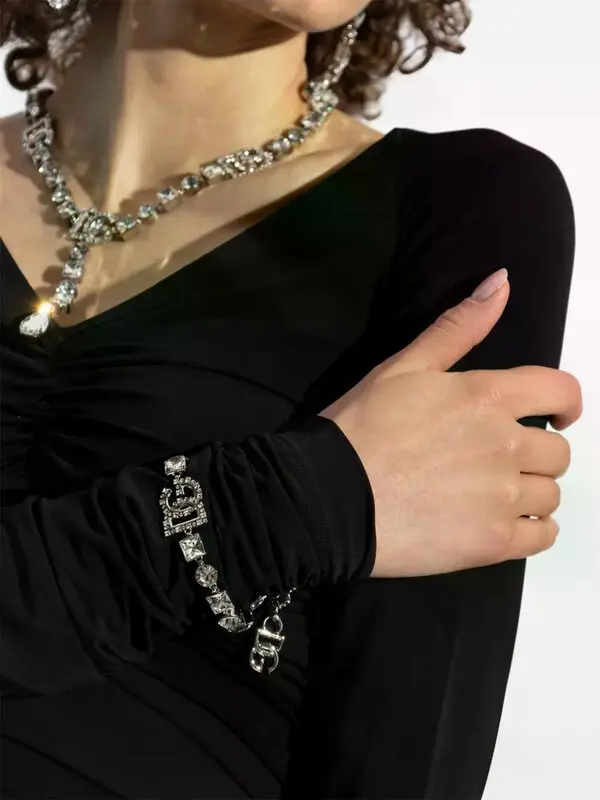 Dolce & Gabbana Crystal Embellished Logo Plaque Bracelet - Silver