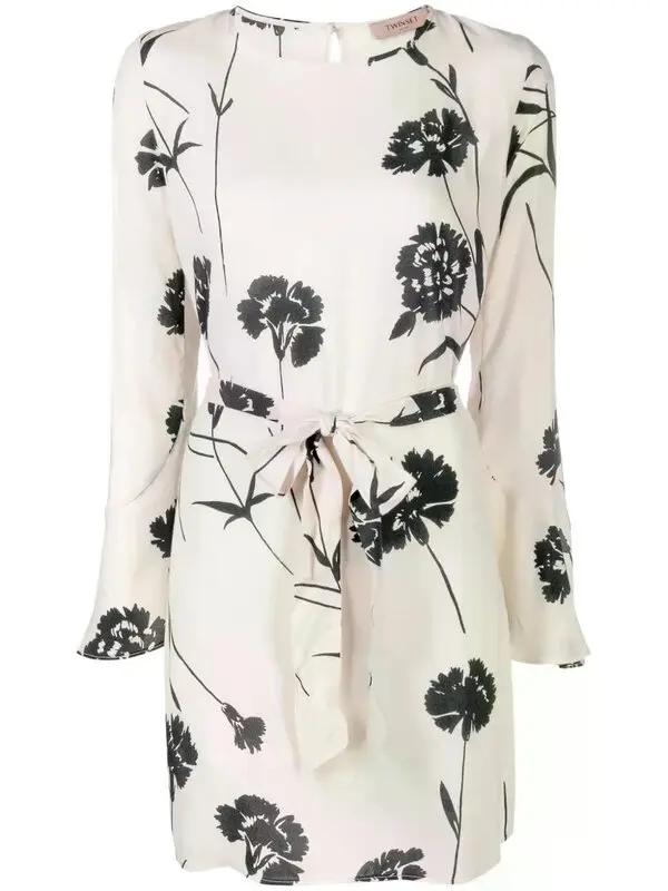 TWINSET Floral Print Belted Mini Dress - Neutrals