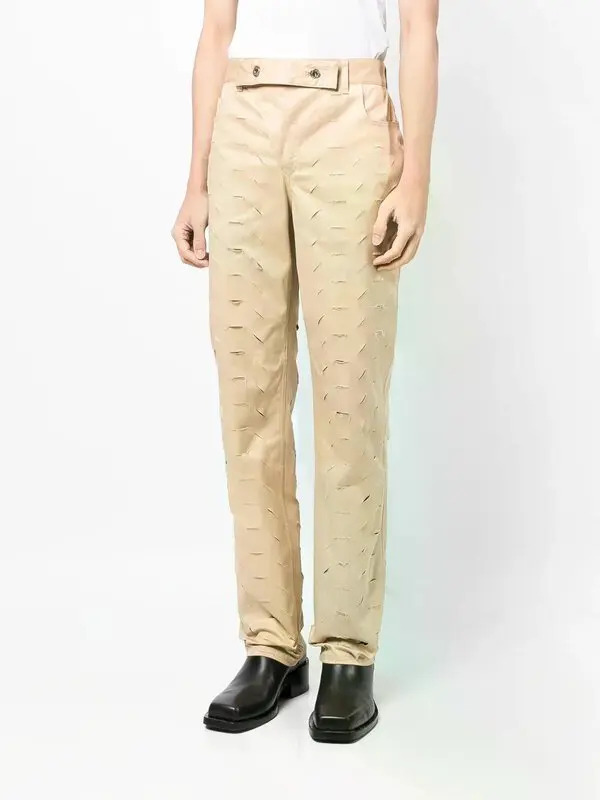 JUNTAE KIM Beige Cotton Blend Ripped Straight-leg Trousers