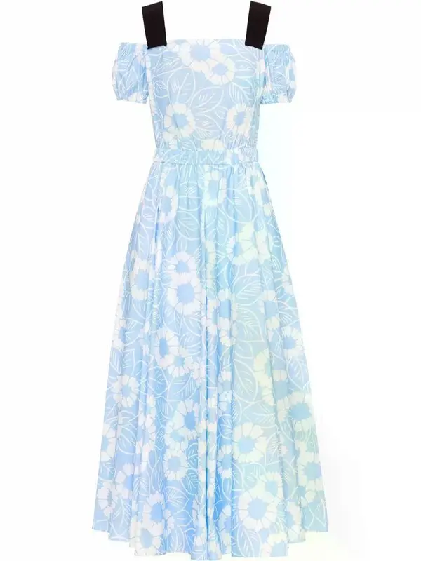 Prada Floral Print Off-shoulder Cotton Dress