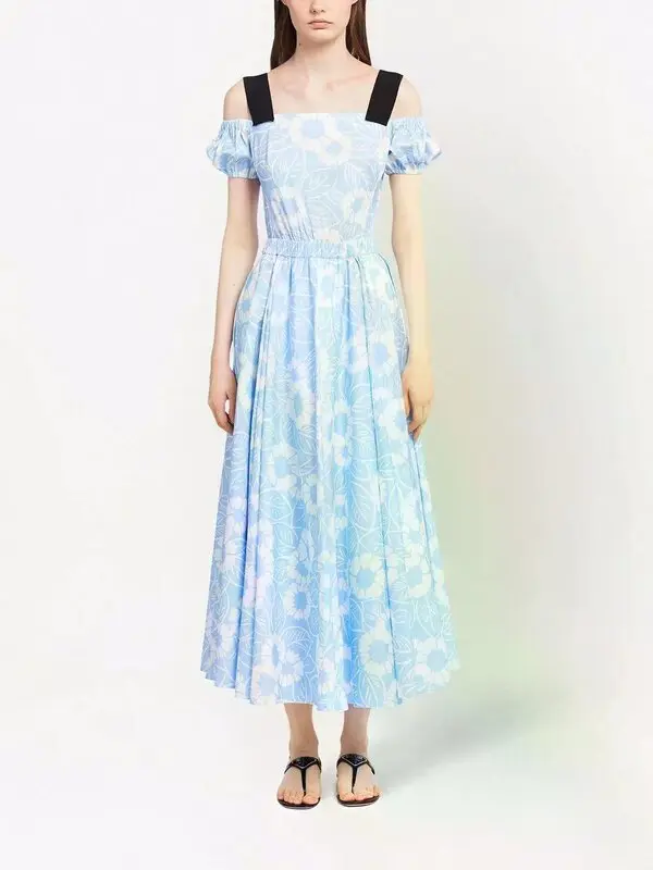 Prada Floral Print Off-shoulder Cotton Dress