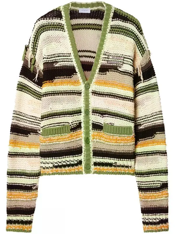 Off-White Striped Distressed Knit Cardigan - Neutrals