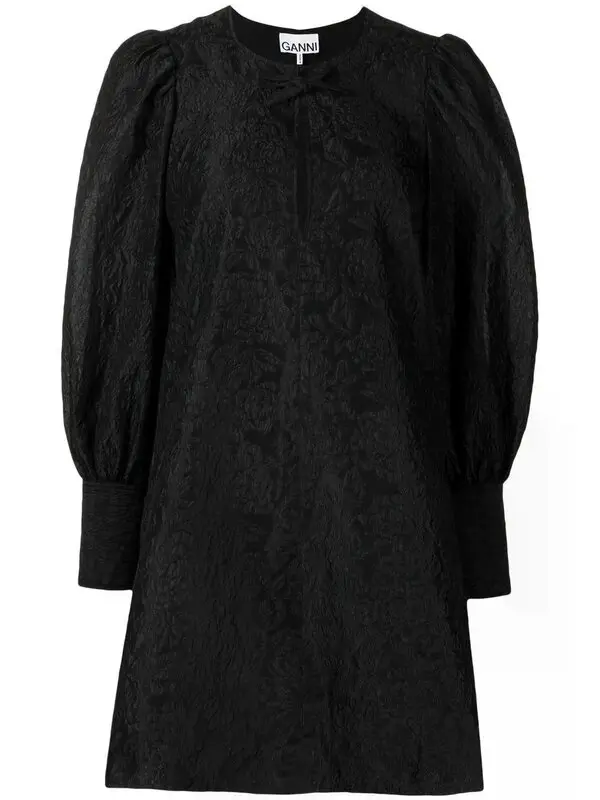 GANNI Jacquard Organza Puff Sleeve Mini Dress - Black