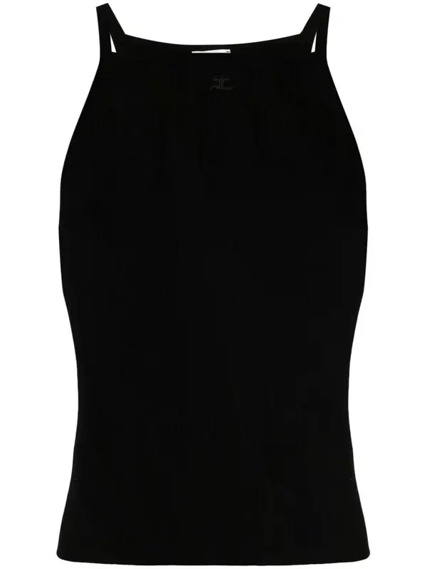 COURREGES Ribbed Knit Square Neck Tank Top - Black