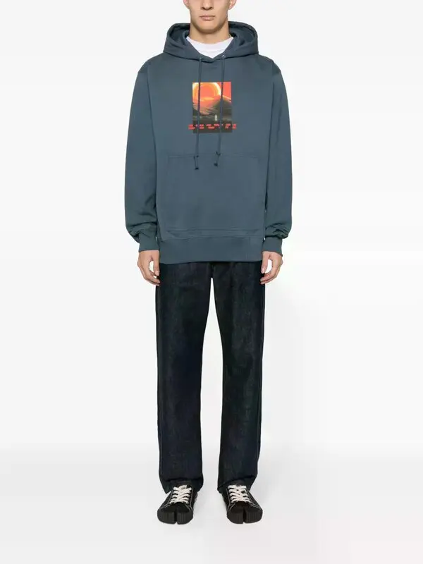 Helmut Lang Graphic Print Cotton Hoodie - Blue