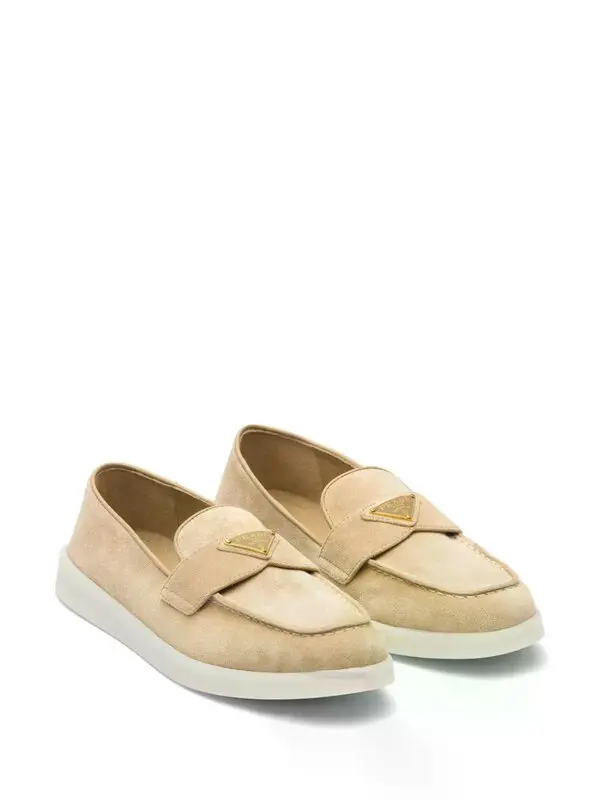 Prada Logo Plaque Suede Loafers - Neutrals
