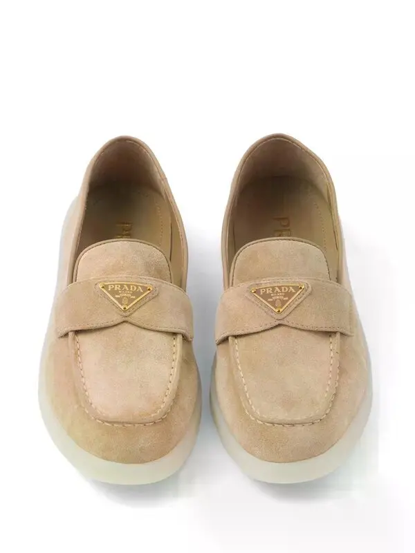 Prada Logo Plaque Suede Loafers - Neutrals