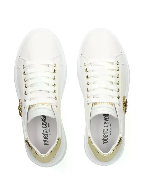 Roberto Cavalli Leather Sneakers With Gold-tone Logo Plaque - Neutrals