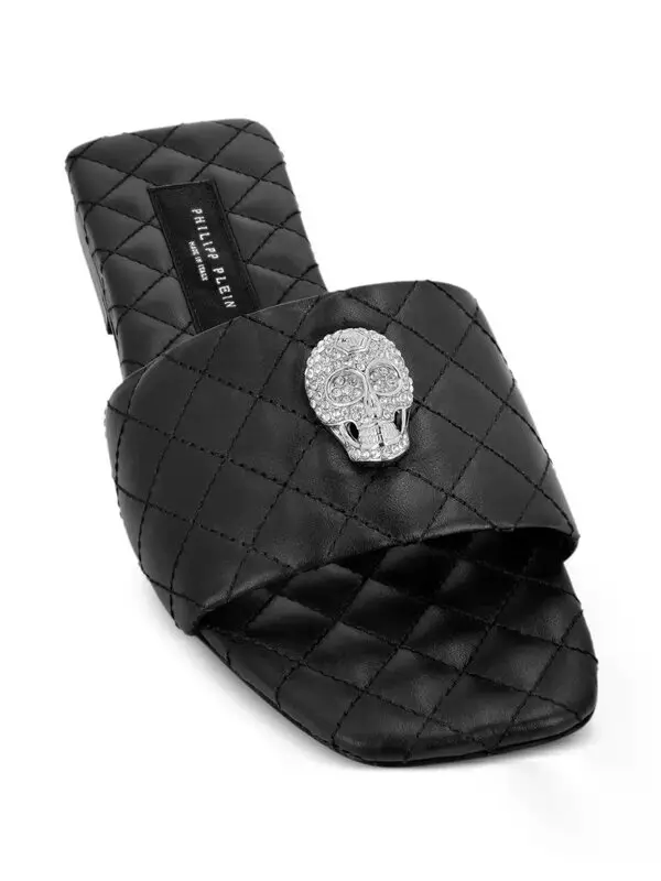 Philipp Plein Quilted Leather Skull Embellished Slides - Black