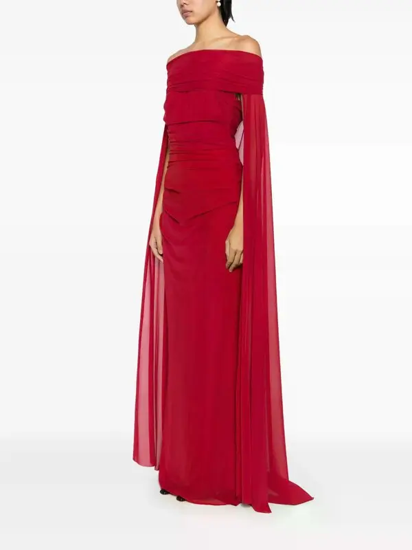 Talbot Runhof Scarlet Off-shoulder Draped Evening Gown