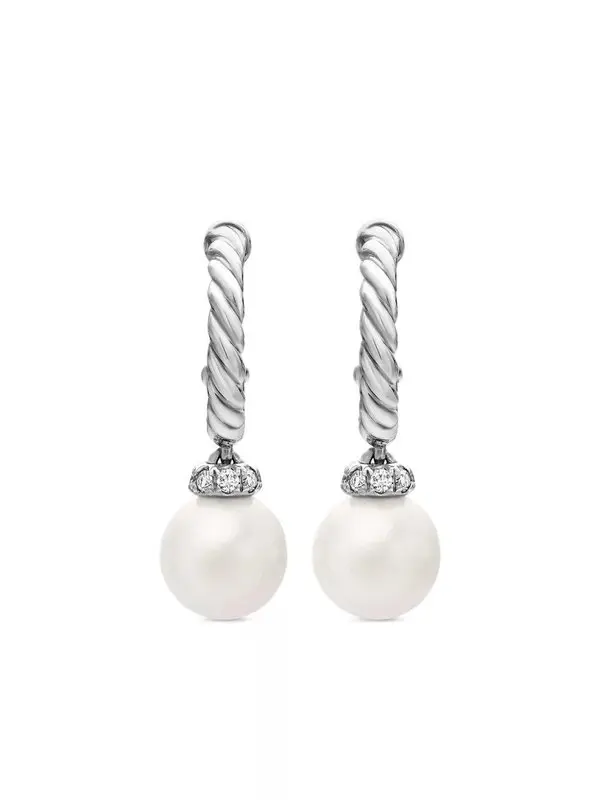 David Yurman Sterling Pearl-drop Hoop Earrings With Diamonds - Silver