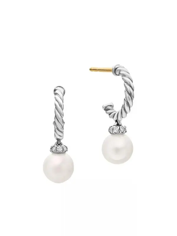 David Yurman Sterling Pearl And Diamond Drop Hoop Earrings