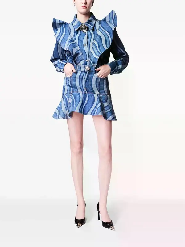 AREA Sunray Ruffle-hem Denim Skirt