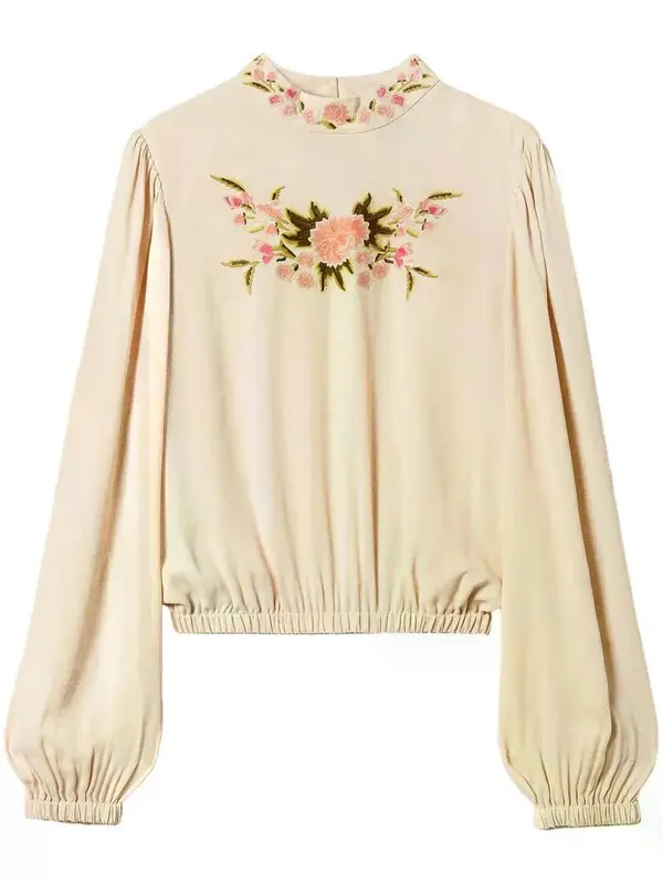 TWINSET Floral Embroidered Mock Neck Blouse - Neutrals