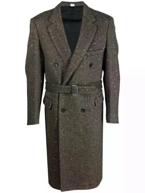 WINNIE N.Y.C Double-breasted Herringbone Pea Coat With Sequins
