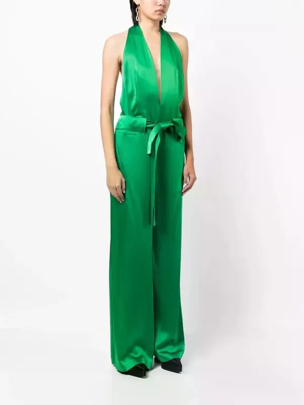 TOM FORD Emerald Satin Plunge Halter Neck Wide Leg Jumpsuit
