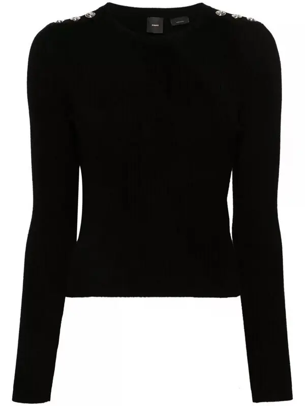 Pinko Ribbed Wool Blend Sweater With Love Birds-embossed Studs - Black