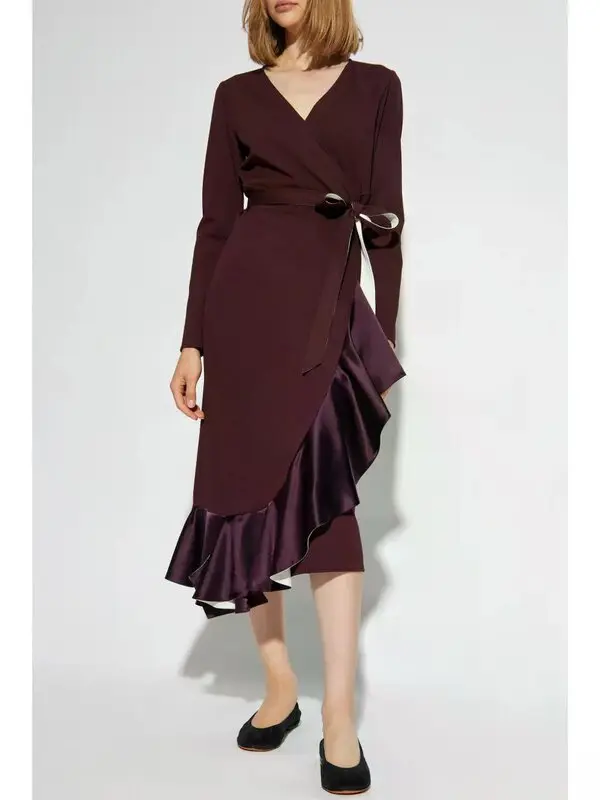 LANVIN Burgundy Stretch Midi Dress With Ruffled Detailing
