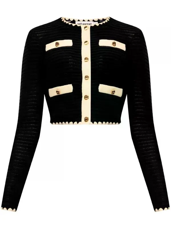 SELF-PORTRAIT Cropped Crochet-knit Cardigan With Pocket Detail - Blue