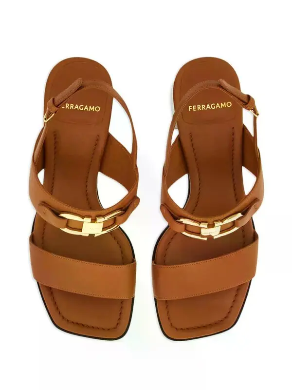 FERRAGAMO Gancini Buckle Leather Block Heel Sandals