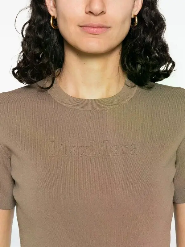 Max Mara Ribbed Knit T-shirt With Embossed Logo - Neutrals