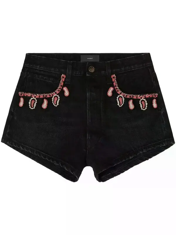 Alanui Inner Energy Embroidered Denim Shorts - Black