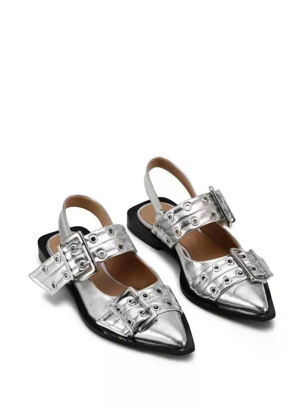 GANNI Double Buckle Ballerina Shoes In Metallic - Silver