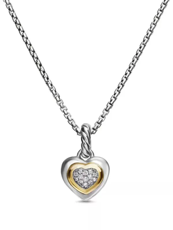 David Yurman 14kt Yellow Gold And Sterling Petite Cable Heart Diamond Necklace - Silver