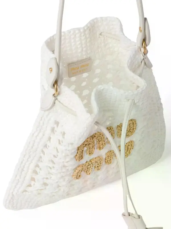 Miu Miu Woven Raffia Bucket Bag With Embroidered Logo - White
