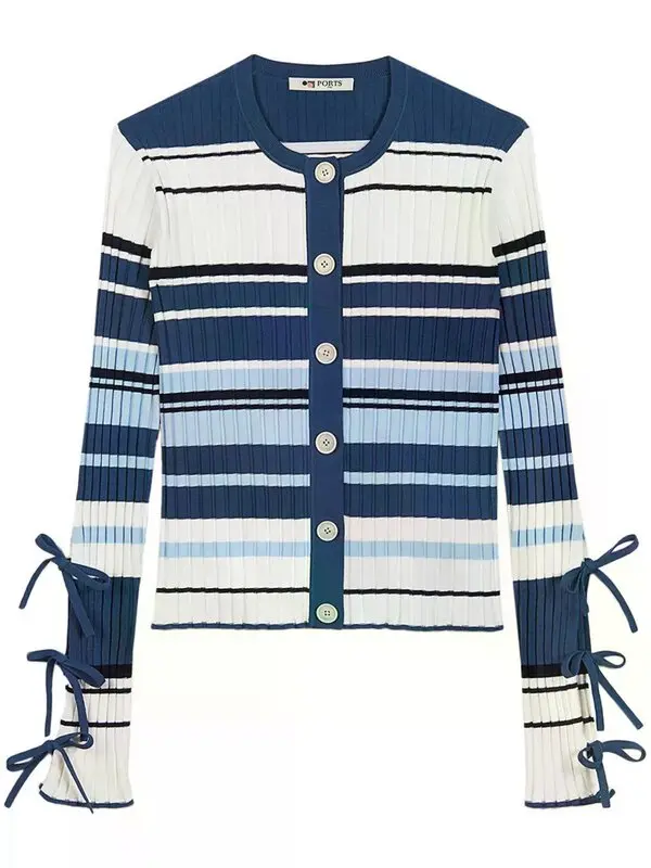 Ports 1961 Striped Ribbed Knit Cardigan With Tie Cuffs - Blue