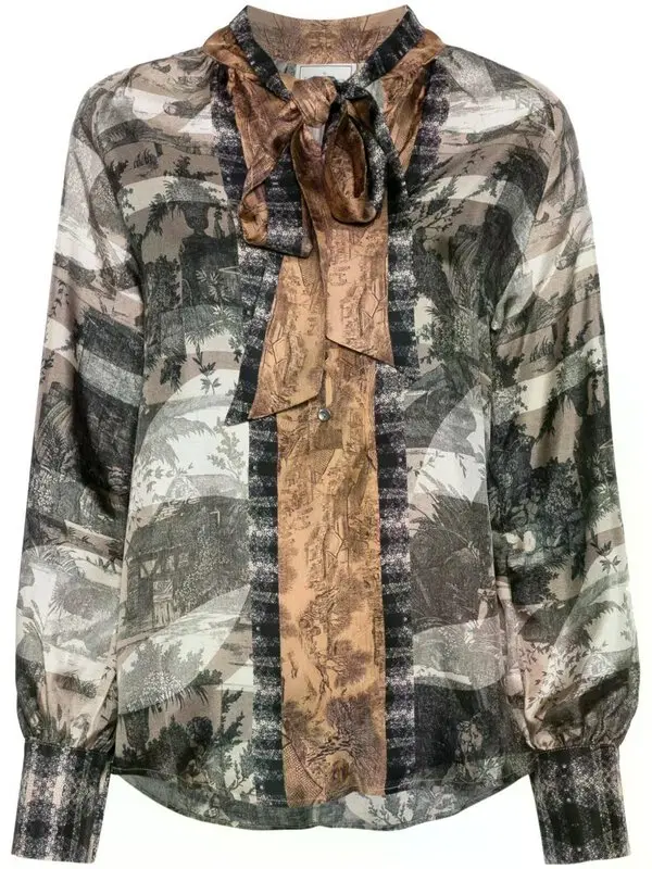 PIERRE-LOUIS MASCIA Silk Printed Tie Neck Shirt - Neutrals